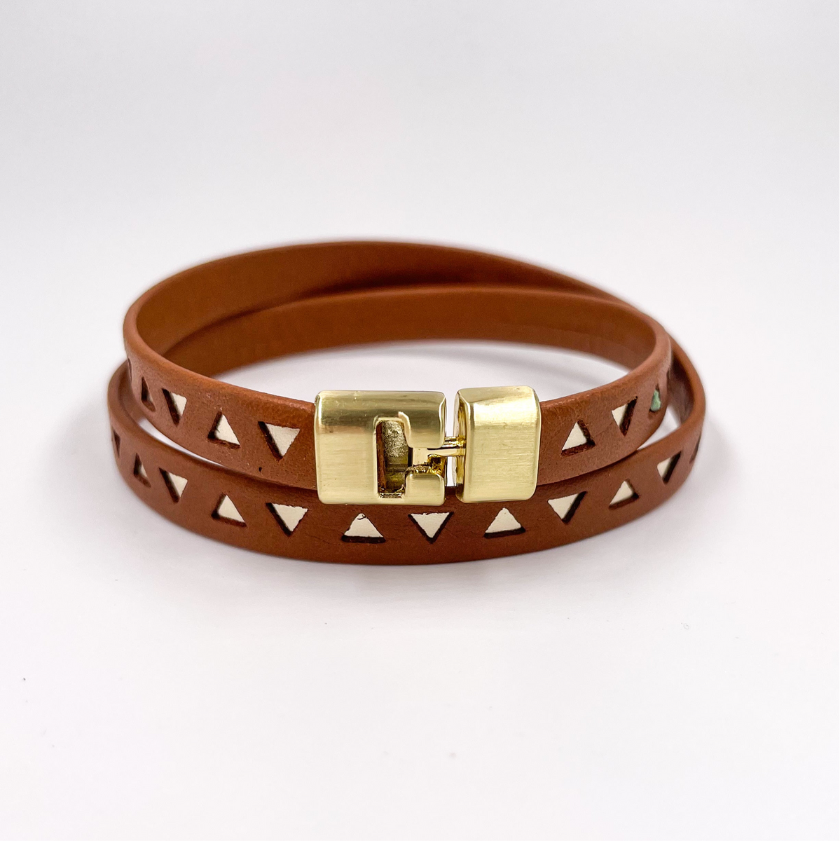 Double T-Bar Bracelet Brown and Gold Triangle Leather – LeighElena